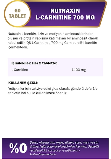 Nutraxin L-Carnitine 700 mg 60 Tablet Fiyatları ve Özellikleri