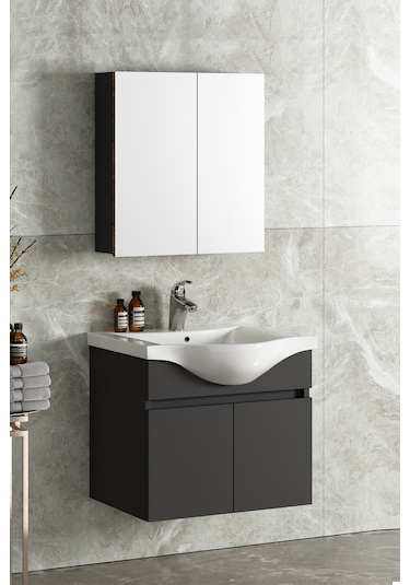 Yıldız 55 Cm Antrasit Gri Mdf Seramik Lavabolu Asma Banyo Dolabı ...
