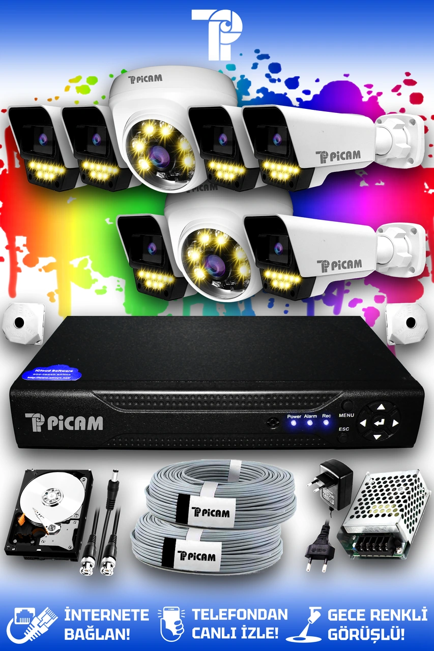 Picam 8 Kameralı Süper 2 İç Kamera Set 1 TB 5 MP 2K Net Renkli Gece ...