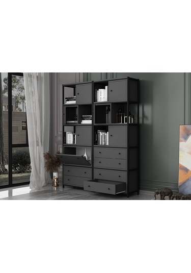 Raflı Beş Katlı Dolaplı Düşer Kapaklı Çekmeceli Metal Kitaplık Antrasit ...