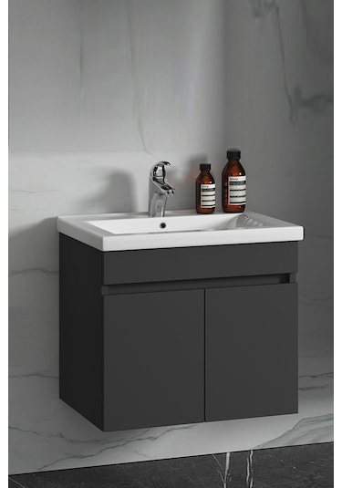 Çiğdem 55 Cm Antrasit Gri Mat Mdf Lavabolu Asma Banyo Alt Dolabı ...