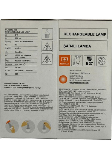 Osram Ledvance 8w 60w 2700k Sarı Işık E27 Duylu Şarj Edilebilir Ampul 2 ...