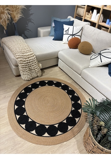 Mavaux Cookie Yuvarlak Jüt Hasırlı El Örgüsü Kilim Halı Siyah - Hasır ...