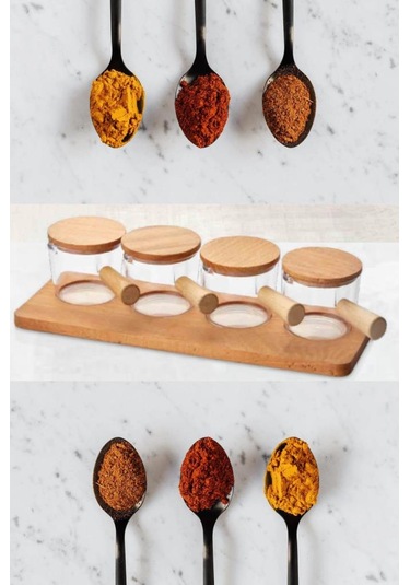 Flosoft Doğal Ahşap Stantlı Ahşap Kapaklı 4 Lü Mika Sosluk, Baharat ...
