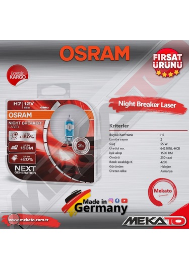 Osram Night Breaker Laser H7 Ampul Seti Sa Ve Sol 2 Li Fiyatlar ve Ozellikleri