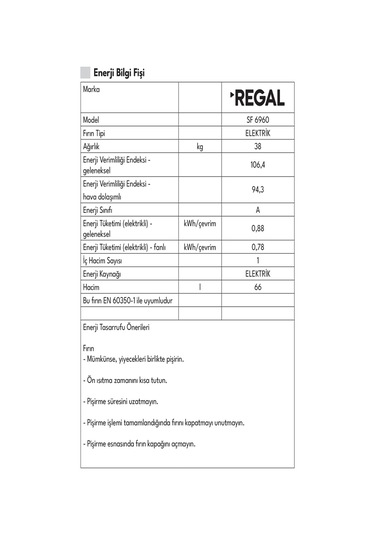 Regal SF 6960 66 L 4 Gözü Gazlı Solo Fırın Fiyatları ve Özellikleri