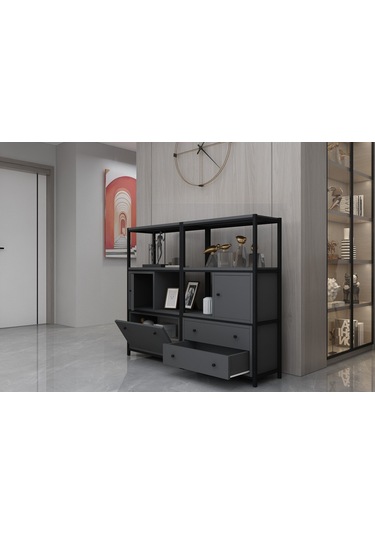 Raflı Üç Katlı Dolaplı Düşer Kapaklı Çekmeceli Metal Konsol Antrasit ...