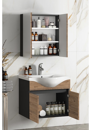 Yıldız 65+35 Cm Antrasit Gri Mat-Atlantik Çam Mdf Seramik Lavabol ...