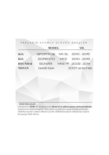 Kia Sportage, Sorenta, Hyundai Sonata için Yan Ayna Dişlisi ve Ko ...