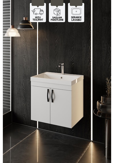 Karen Banyo Ege 60 Cm, Lavabolu Alt Banyo Dolabı, Kapaklı Banyo Alt Dolabı, Seramik Lavabo Dahil ...