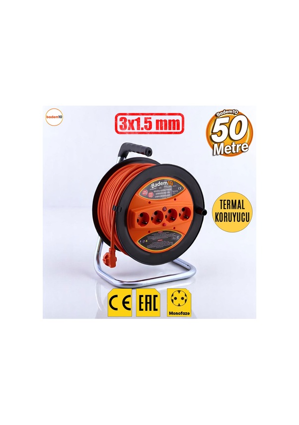Makaralı Uzatma Kablosu 3x1.5 Mm 50 Metre Plastik Seyyar Makara 4 Prizli Monofaze Termal ...