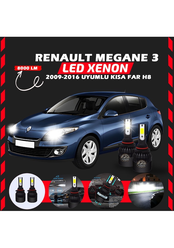 Renault Megane 3 2009-2016 Kısa Far Uyumlu Şimşek Etkili Led Xenon ...