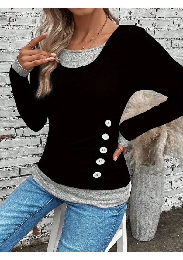Kadın Uzun Kollu Yuvarlak Yaka Blok Renkli Yandan Düğmeli Vis... Siyah ...