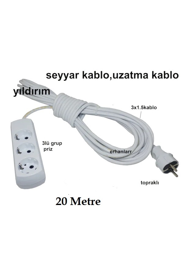 Seyyar Kablo Uzatma Kablo Ara Kablo 20 Metre 3 Lü Grup Priz Fiyatları ve Özellikleri