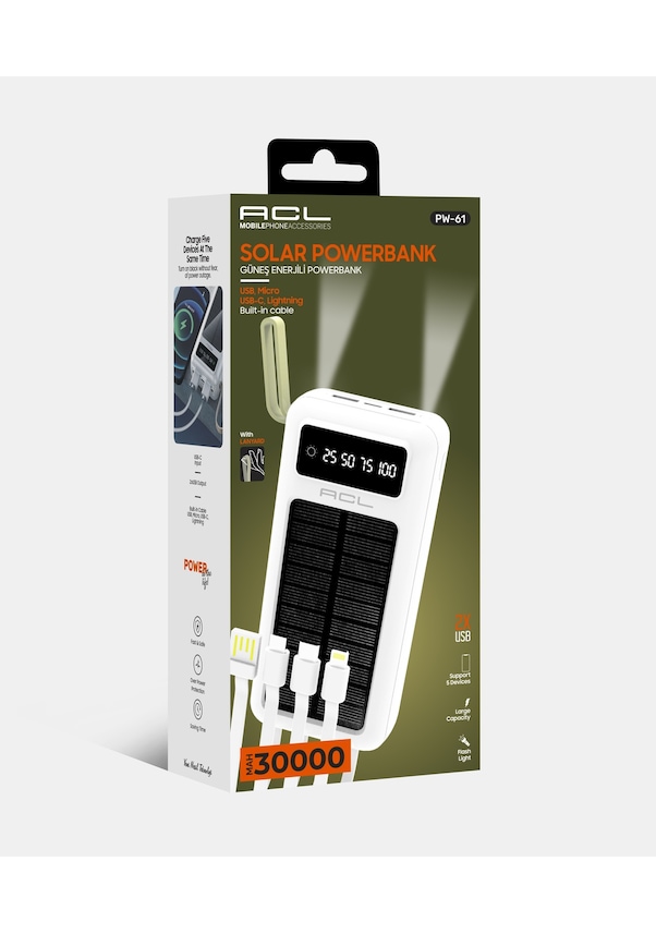 Acl Pw-61 30.000mah Güneş Enerjili Powerbank Beyaz 5 Cihaz Aynı Anda Şarj Usb-c & Lightning & Mi ...