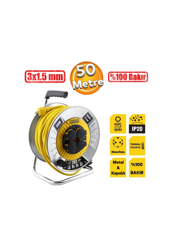 Metal Makaralı 50 Metre Seyyar %100 Bakır Kablo 4 Prizli Kapaklı Uzatma Kablosu 3x1.5 Mm H05vv-f ...