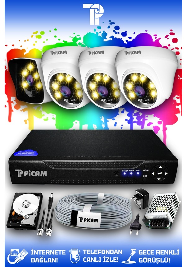 Picam 4 Kameralı Kare 3 İç Kamera Set 250 GB HDD Full HD Renkli Gece ...