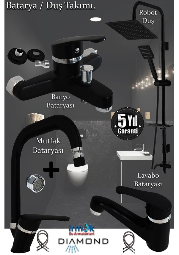 Siyah Batarya Musluk Takımı. Mutfak, Lavabo, Banyo Armatürleri Eviye ...