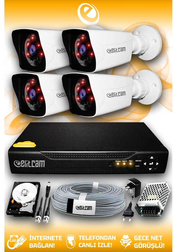 Elitcam 4 Kameralı Kare 4 Dış Kamera Set 320 GB HDD Full HD Gece Görüşlü Güvenlik Kamerası ...