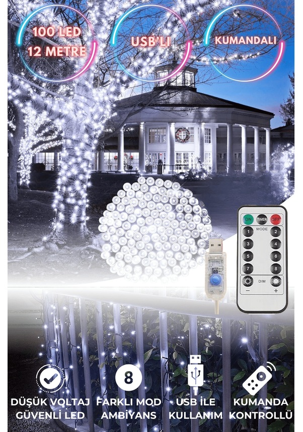 Technosmart 100 Ledli Usbli Kumandalı 8 Modlu Şerit Led Işık Parti Süsleme Organizasyon Beyaz ...