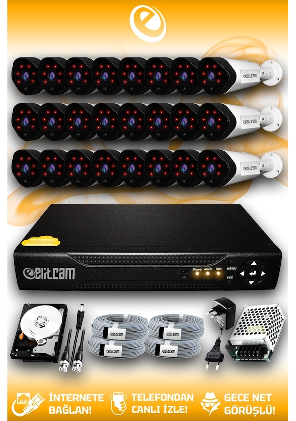 Elitcam 24 Kameralı Uzay 24 Dış Kamera Set 320 GB HDD Full HD Gece Görüşlü Güvenlik Kamerası ...