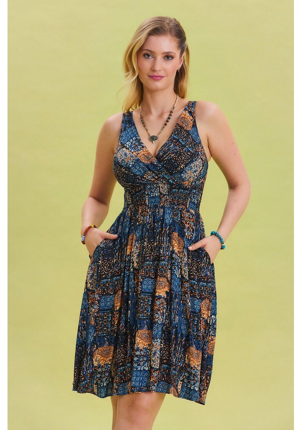 Bohem Tarz Kruvaze V Yaka Elbise Mavi S - M Fiyatları ve Özellikleri