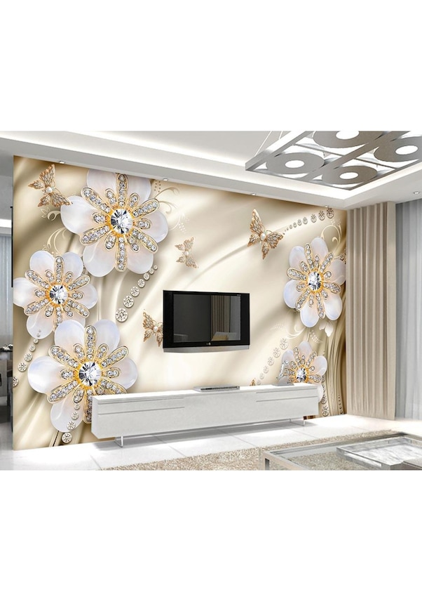 3 Boyutlu Incili Çiçekler Ve Kelebekler Duvar Kağıdı Genişlik : 200 Cm ...