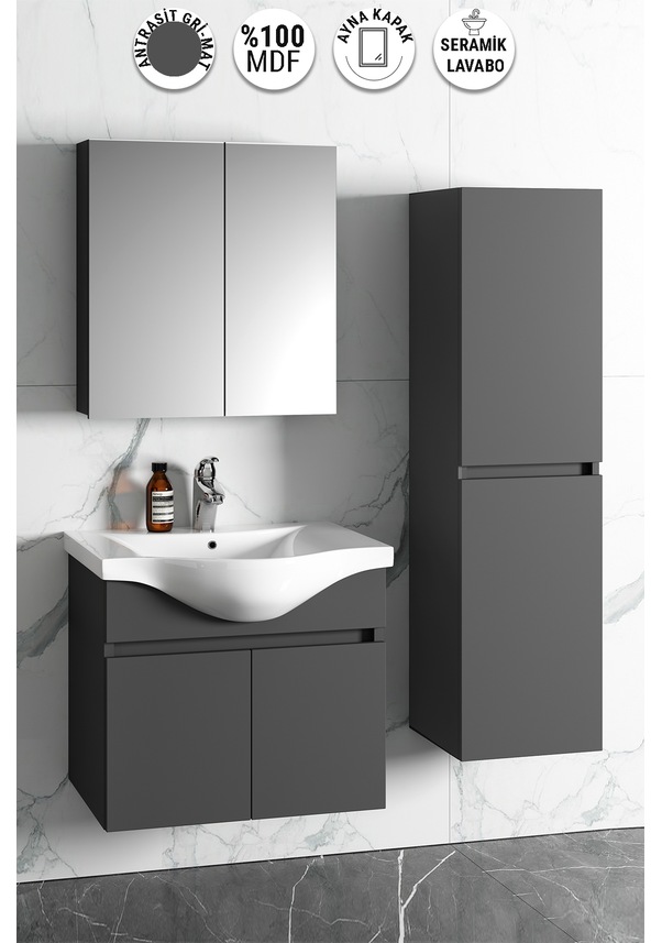 Yıldız 55+35 Cm Antrasit Gri Mdf Lavabolu Asma Banyo Dolabı Takım ...