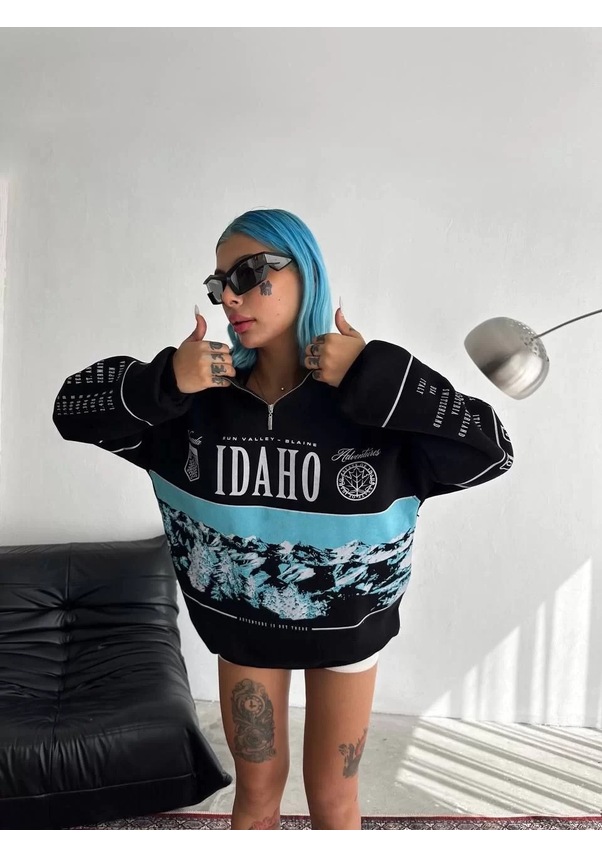 Kadın Yarım Fermuarlı Oversize Baskılı Sweatshirt - Siyah 001 Siyah M ...