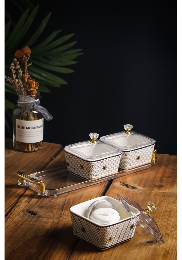 3'lü Emillia Porselen Lüks Kare Kahvaltılık Saklama Kabı Çerez Reçel ...