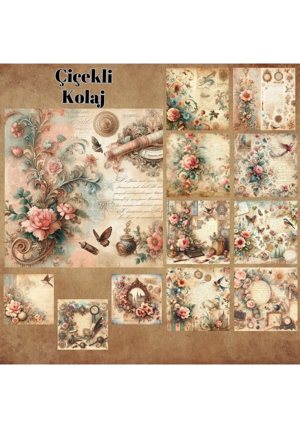 Çiçekli Kolaj Vintage 12 Adet Scrapbook Bullet Journal Mat Planlayıcı ...
