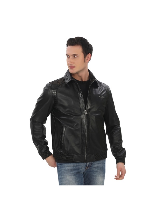 Hakiki Kuzu Derisi Bomber Mont Yılan Derisi Detaylı Fermuarlı Deri ...