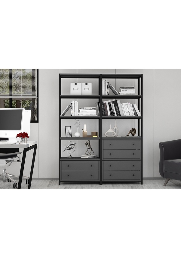 Raflı Beş Katlı Altı Çekmeceli Metal Kitaplık Antrasit 138 Cm MTL-KTP ...