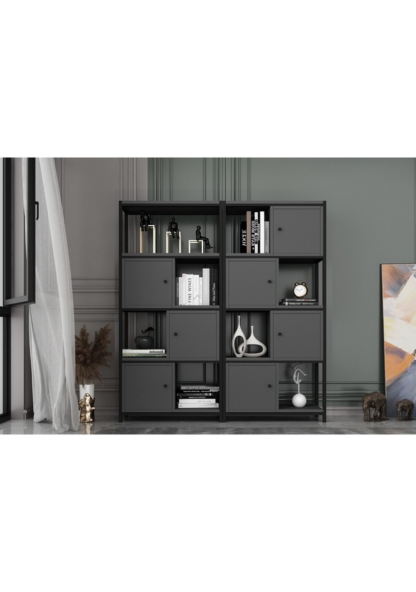 Raflı Dört Katlı Dolaplı Metal Kitaplık Antrasit 138 Cm MTL-KTP-1086-A ...