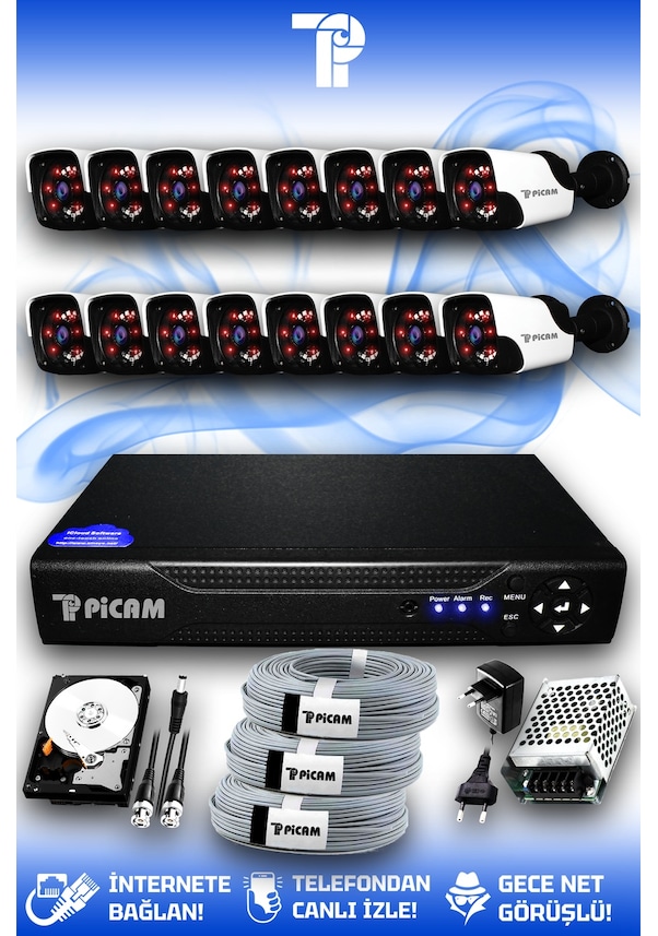 Picam 16 Kameralı Panda 16 Dış Kamera Set 320 GB HDD Full HD Gece ...