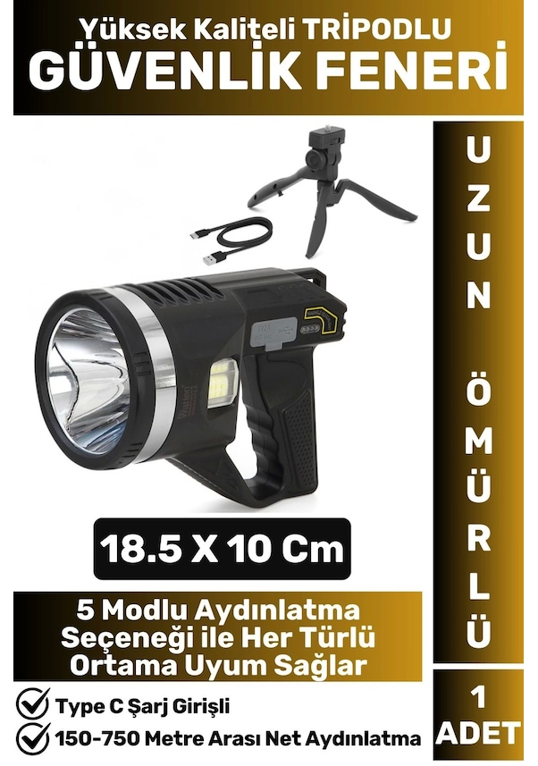 Premium Uzun Ömürlü Kamp Avcı Deprem Uzun Menzilli Şarjlı Beyaz Işık Tripodlu Güvenlik El Feneri ...