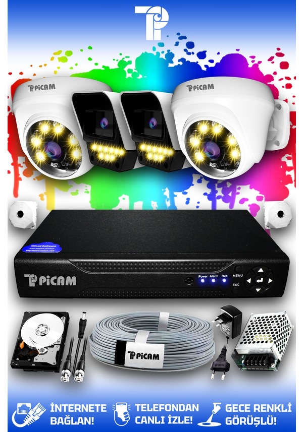 Picam 4 Kameralı Süper 2 İç Kamera Set 500 GB 5 MP 2K Net Renkli Gece ...