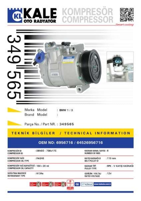 KLIMA KOMPRESORU BMW N52 E81 E82 E87 E92 E90 E84 F01 E83 F25 E70 Z4 E89 KALE 349565 OEM ...