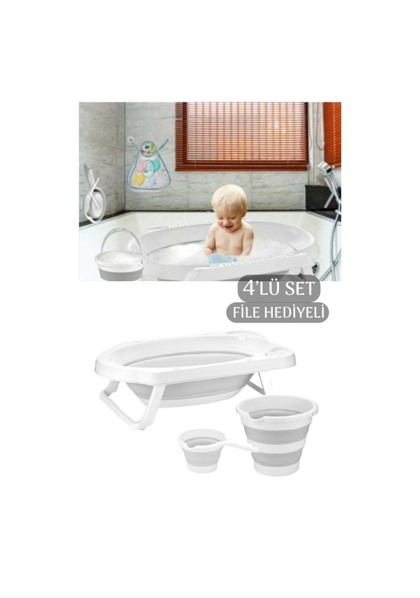 4'lü Katlanır Bebek Banyo Seti - Katlanabilir Bebek Küveti, Su Kovası, Maşrapa Seti, File Hediye ...