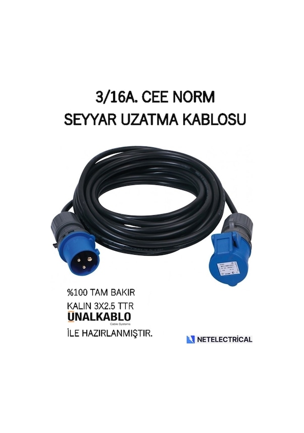 3/16A. Cee Norm Fiş Prizli Seyyar Uzatma Kablosu 3 Metre 3X2.5 Ttr Tam ...