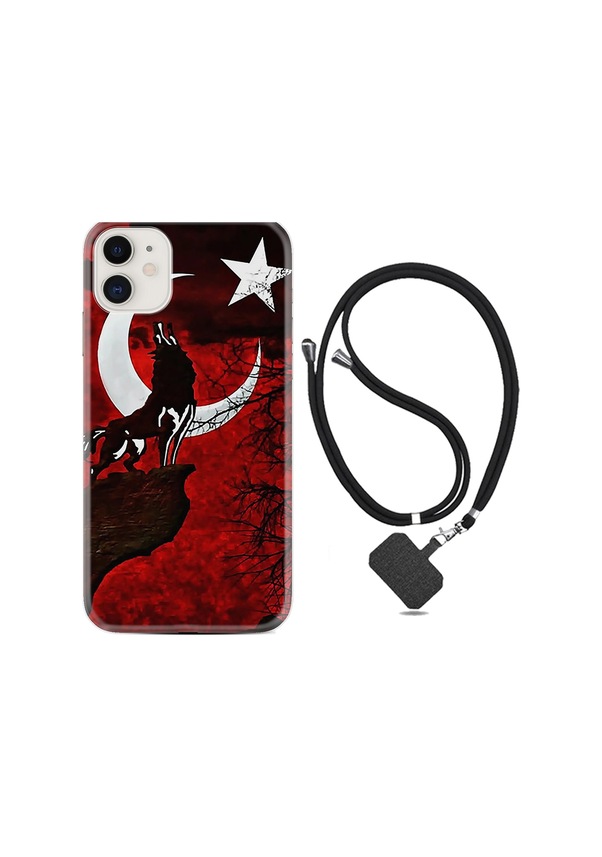 iPhone Uyumlu 13 Kılıf Boyun Askılı Wolf and Moon 2 1381 Renk:Siyah ...