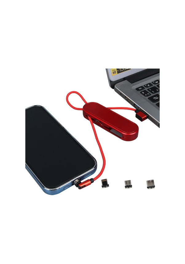 Kırmızı 3in1 Type C- Lightning- Micro Usb Manyetik Uç Taşınabilir Şarj ...