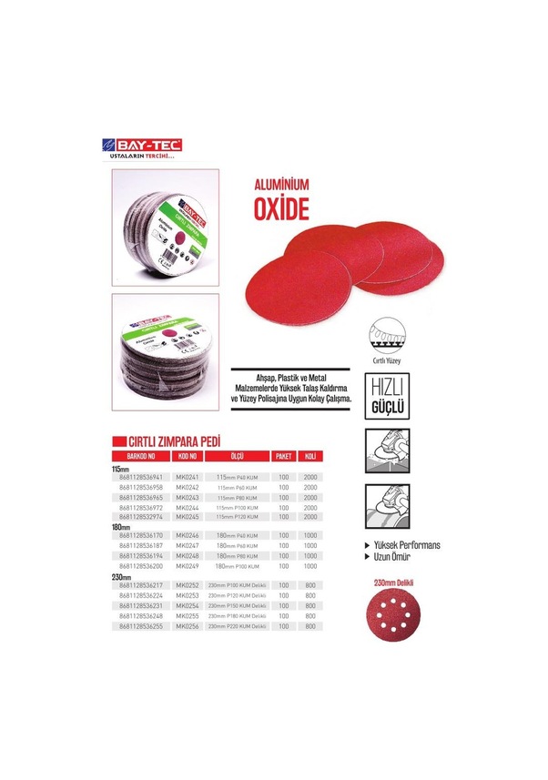 Bay-Tec MK0256 Cırtlı Zımpara 230 MM 220 Kum Fiyatları ve Özellikleri Bay-Tec MK0256 Cırtlı Zımpara 230 MM 220 Kum Fiyatları ve Özellikleri
