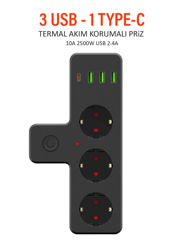 Usb Type-c Priz Dönüştürücü Şarj Adaptör Priz 3usb-1type-c 2500w ...