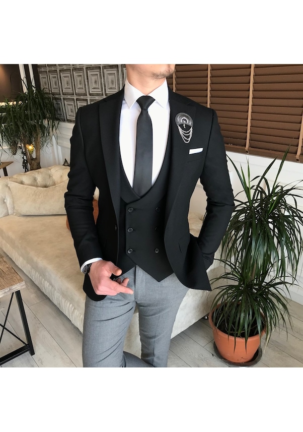 Italyan Stil Slim Ceket Yelek Pantolon Kombin Siyah T4522 50 Fiyatları ...