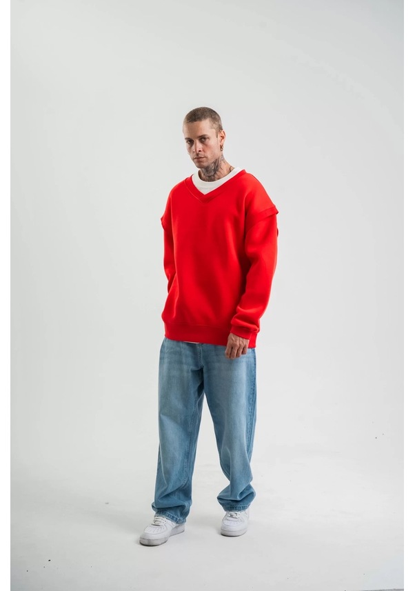 Geniş V Yaka Kol Ribana Detaylı Sweatshirt - Kırmızı 001 Kırmızı XL ...
