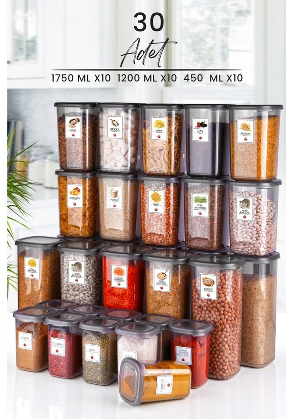 KitchenLife 30'lu Etiketli Modernity Kare Erzak Saklama Kabı Seti 1750ml X10-1200ml X10-450ml ...