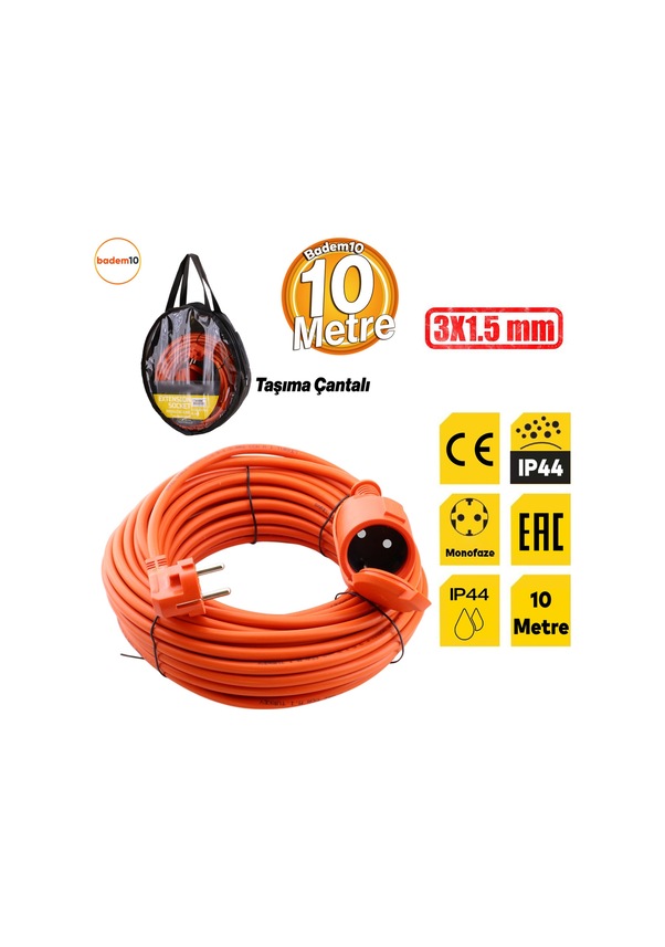 Uzatma Kablosu 3x1.5 Mm 10 Metre Kablolu Tekli Grup Fiş Priz Topraklı Kapaklı Monofaze Ev Tipi ...