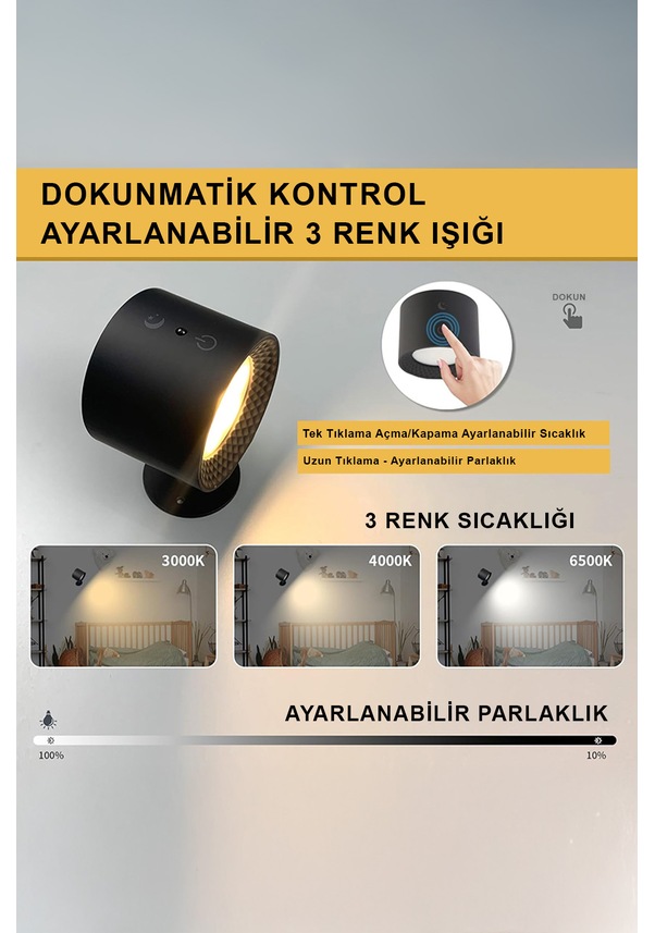 Duvar Aplik Aydınlatma - 360 Dönebilen Şarjlı - Kumandalı - Siyah ...