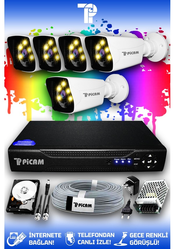 Picam 5 Kameralı Kare 5 Dış Kamera Set 100 GB HDD Full HD Renkli Gece ...